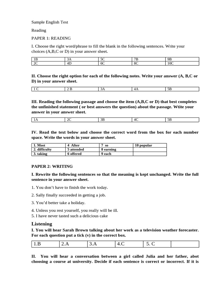 9 Sample English Test Keys | PDF