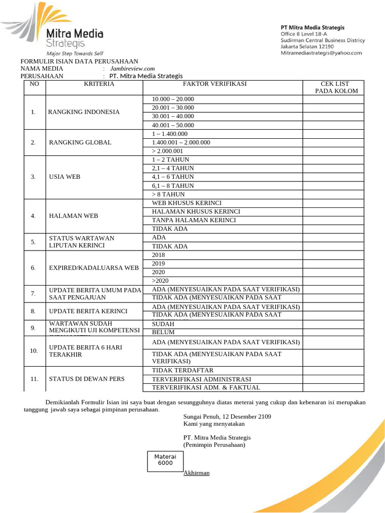 FORMULIR ISIAN DATA PERUSAHAAN | PDF