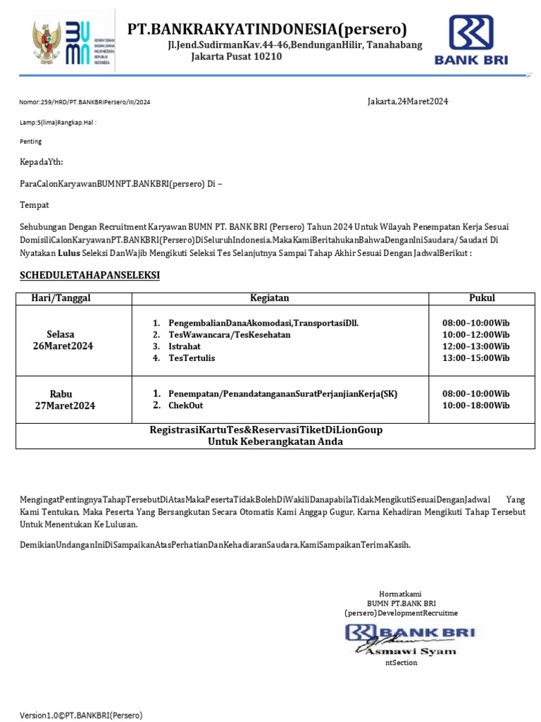 SURAT PANGGILAN TES BANK BRI (persero). | PDF
