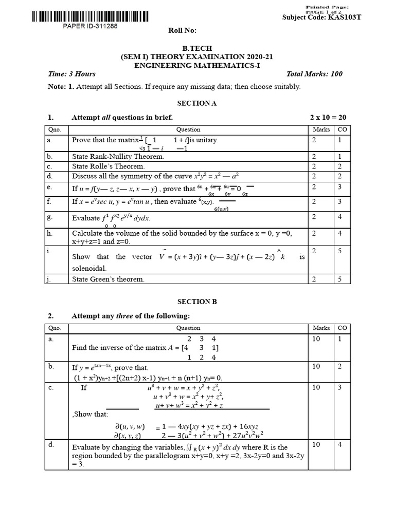 Engineering Mathematics I Kas103t Pdf Matrix Mathematics 1095