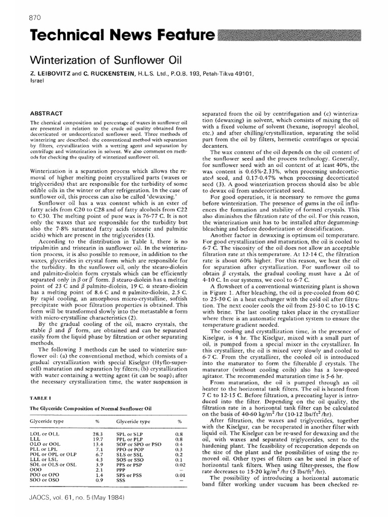 Leibovitz Z. Et Al - Winterization of Sunflower Oil | PDF ...