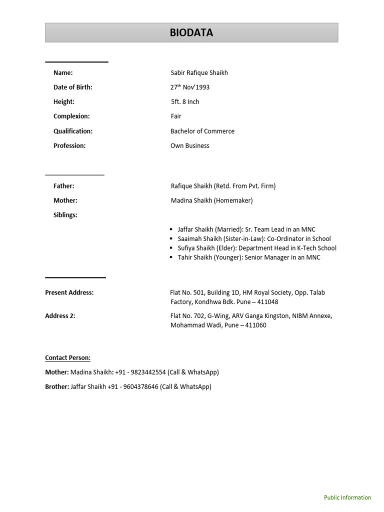 Sabir Shaikh Biodata | PDF