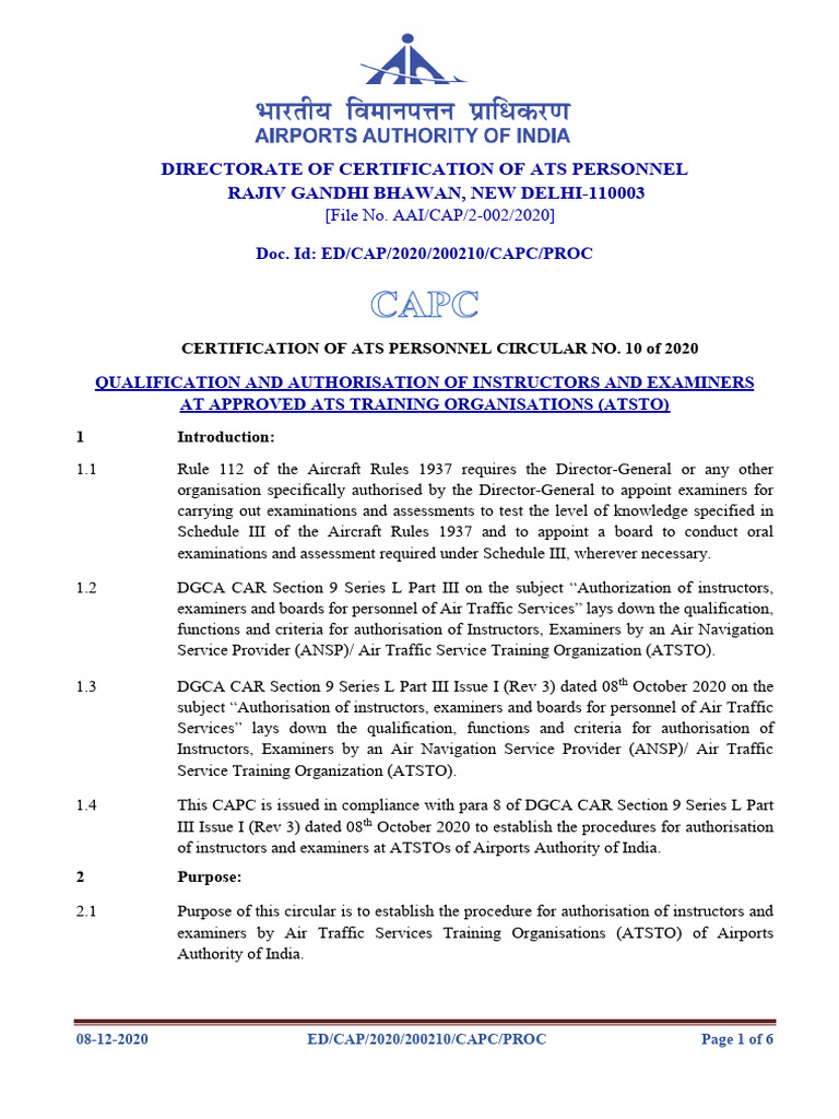 CAPC 10 of 2020..qualification and Authorisation of Instructors and Examiners at ATSTOs | PDF ...