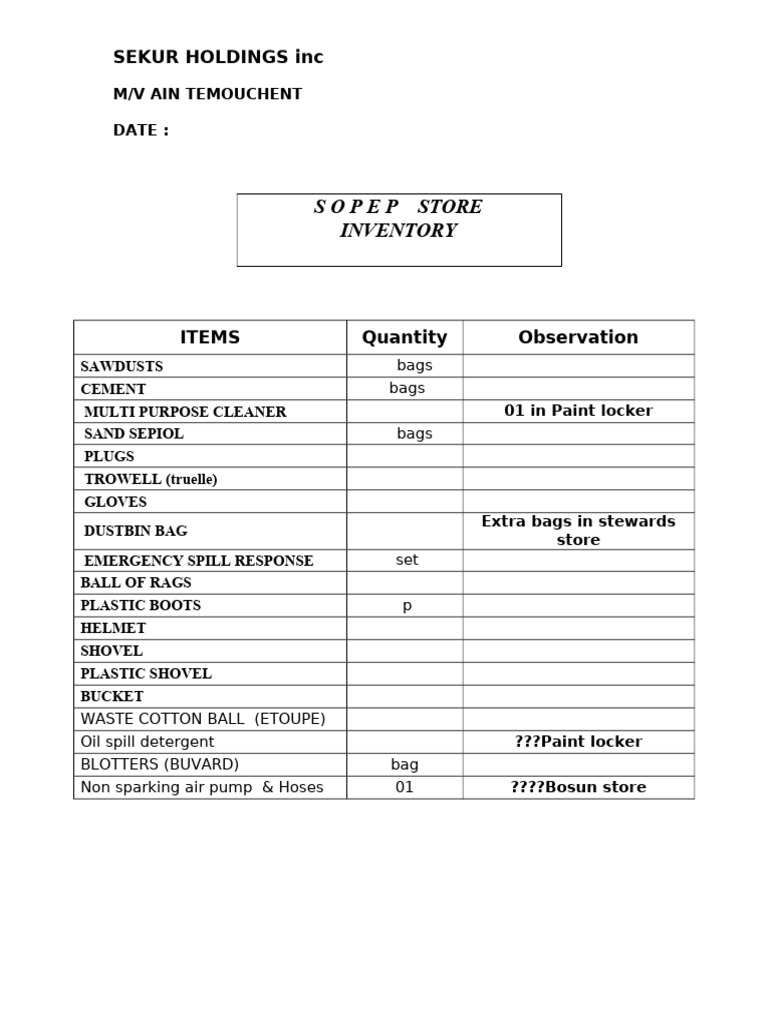 SOP Inventory for M/V AIN TEMOUCHENT | PDF