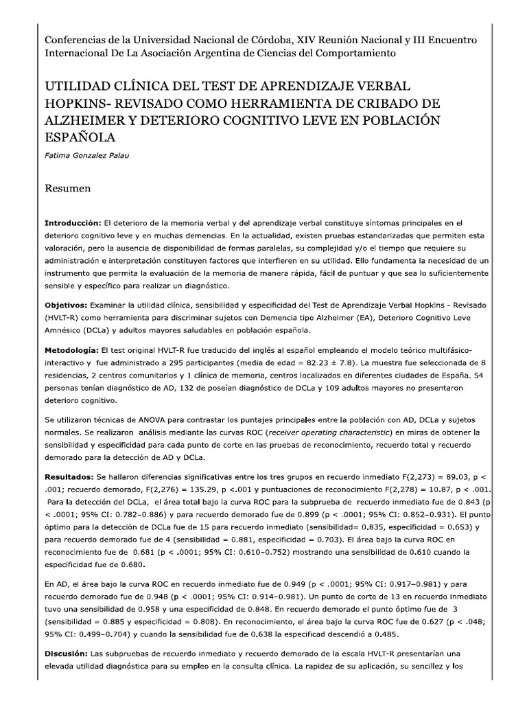 Test de Aprendizaje Verbal de Hopkins-Revisado (HVLT-R | PDF