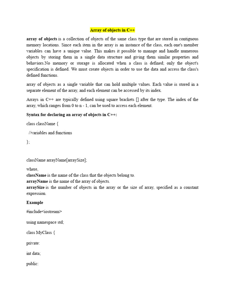 Array of Objects in C--(Unit-1).Docx | PDF | Pointer (Computer Programming) | C++