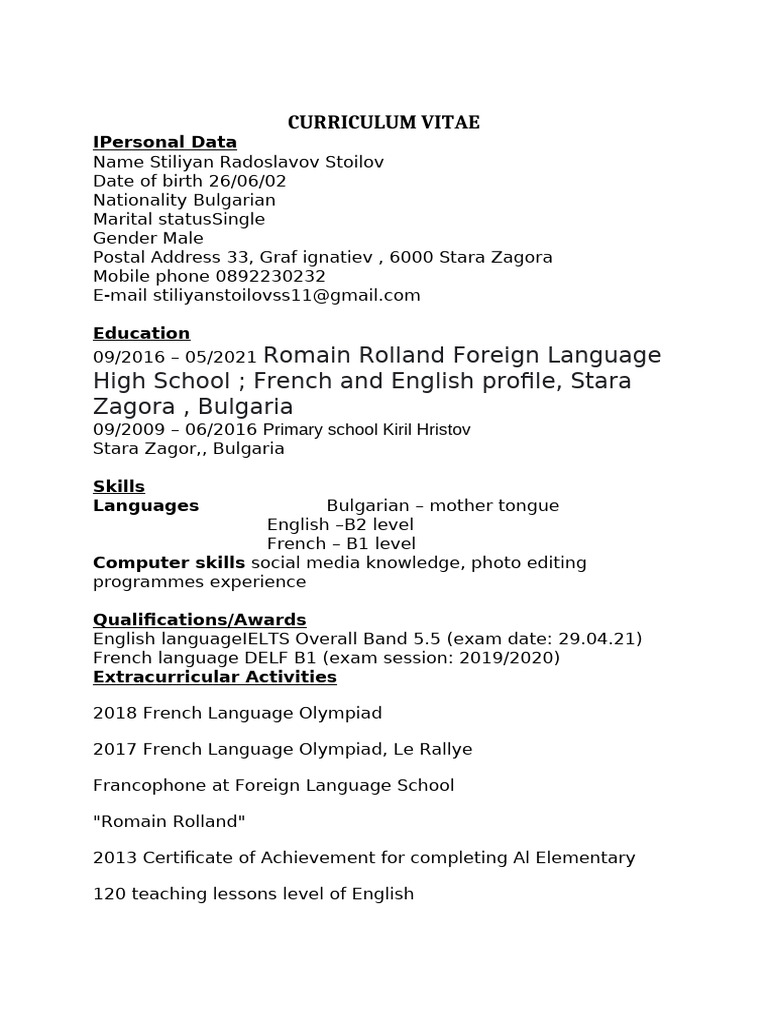 Stiliyan Stoilov's CV: Education & Skills | PDF