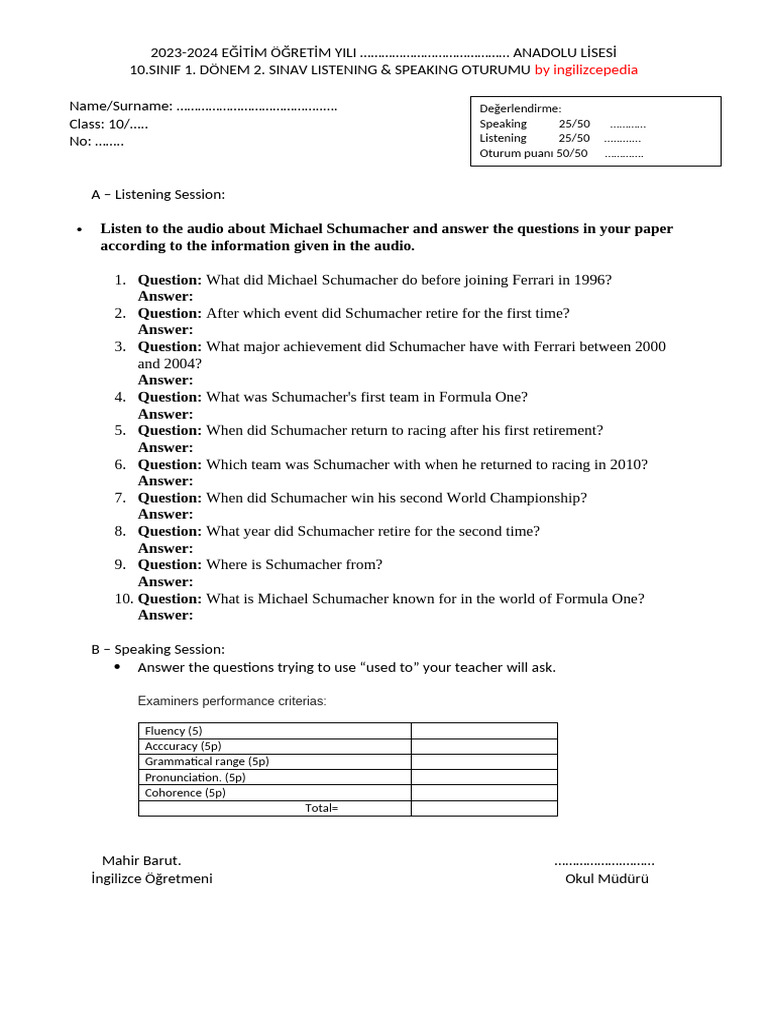 10.sinif 1.donem 2.listening Speaking Ornek Sinav Kagidi | PDF