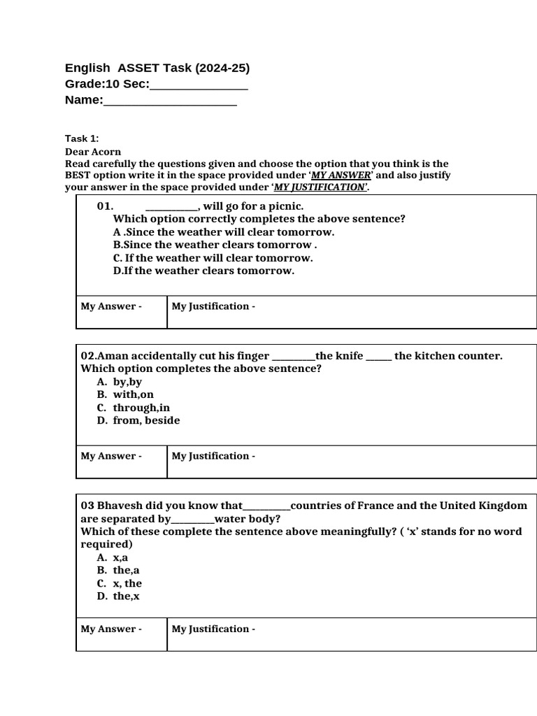 English ASSET Task (2024-25) | PDF