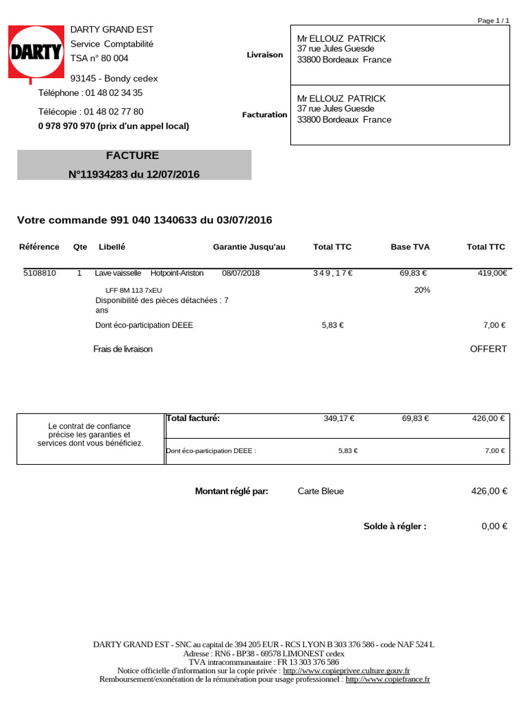 Facture Darty : Lave-vaisselle Hotpoint | PDF | Finance publique | Business