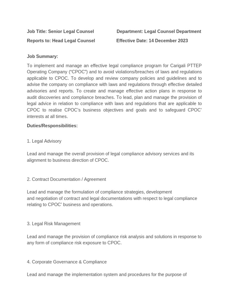 Job Description Senior Legal Counsel CPOC Ver.1 | PDF