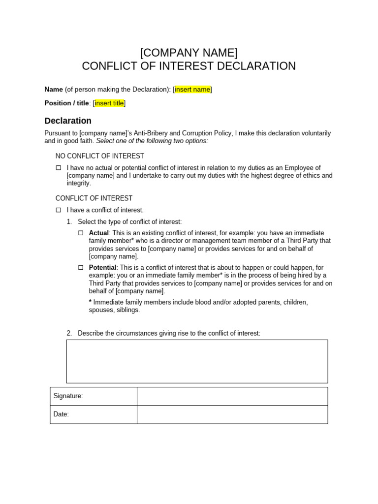 Conflict of Interest Declaration Template | PDF
