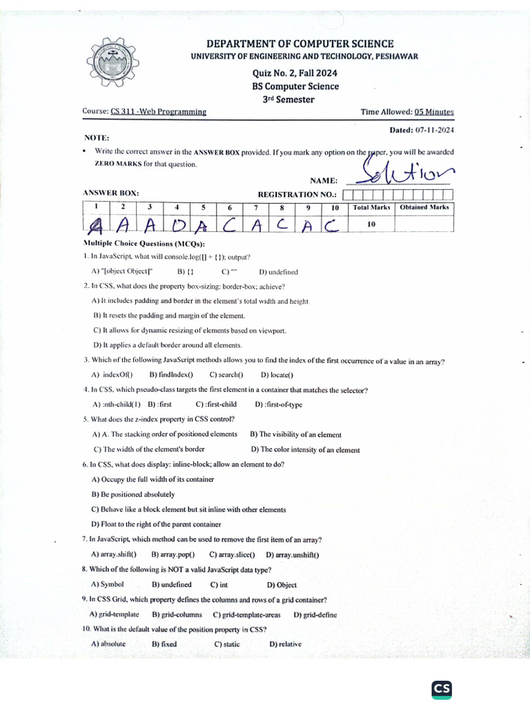 Quiz 2 BS CS 3rd Semester | PDF