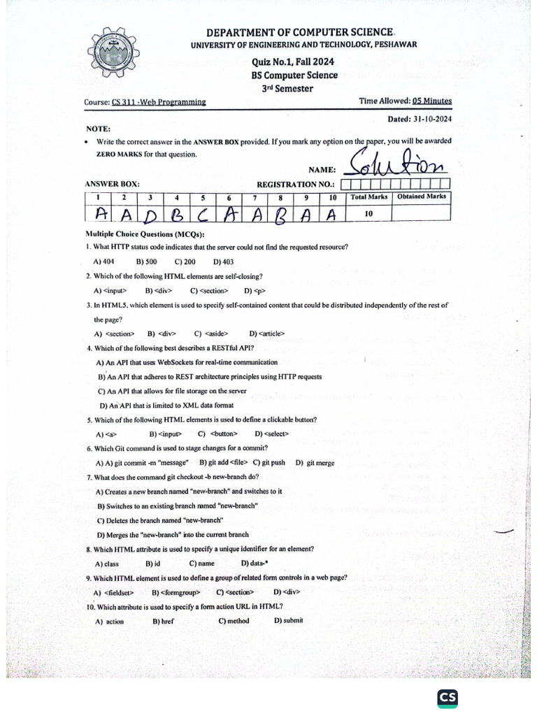 Quiz 1 BS CS 3rd Semester | PDF