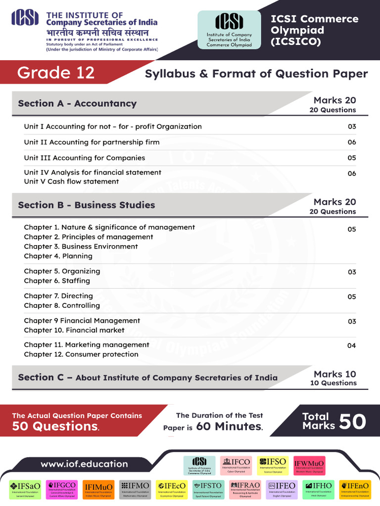 ICSICO Syllabus Class 12 | PDF | Accounting | Business