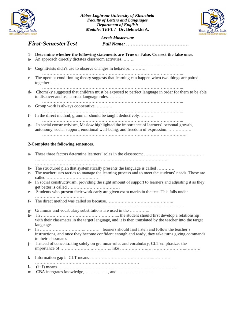 Test S1 Tefl | PDF | Educational Assessment | Learning