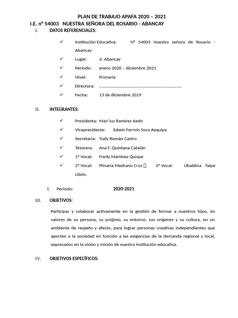 Plan de Trabajo Apafa 0000 | PDF