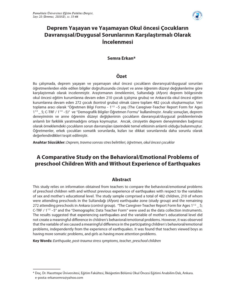 Deprem Ya - Ayan Ve Ya - Amayan Okul - Ncesi - Ocuklar - N Davran - Sal-Duygusal Sorunlar - N ...