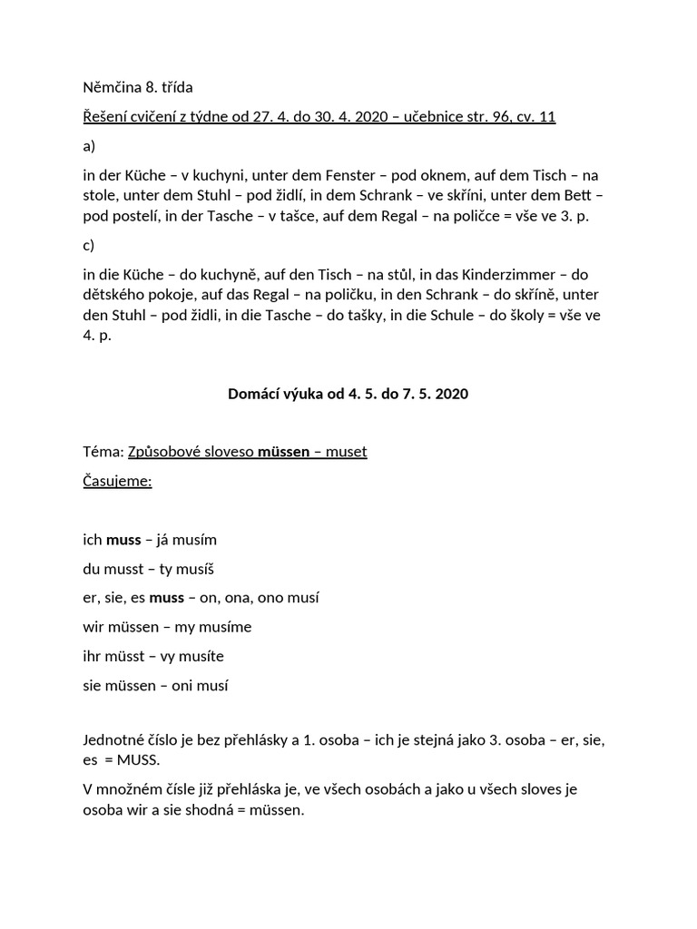 Němčina 8. Třída Způsobové Sloveso Müssen | PDF