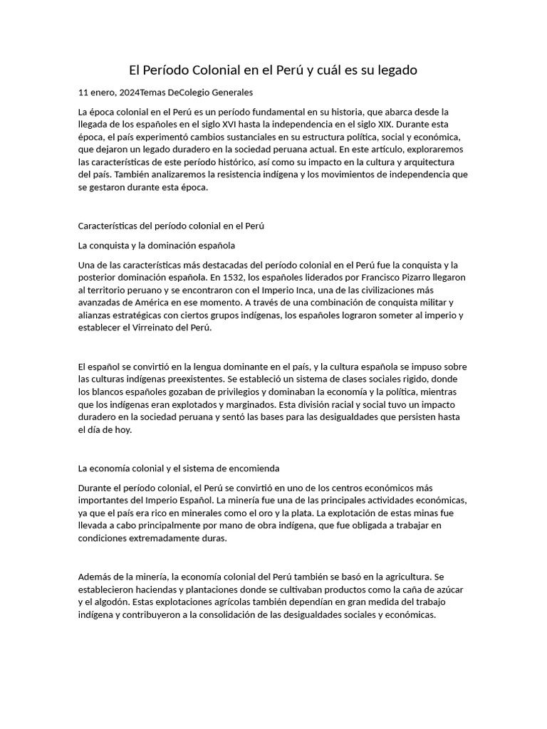 El Período Colonial en el Perú y cuál es su legado - clase | PDF ...