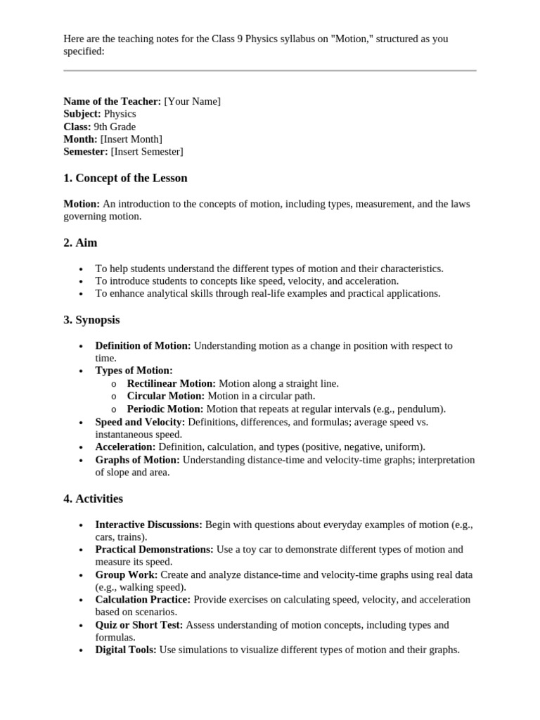9th Class Unit-5 Motion Teaching Notes | PDF