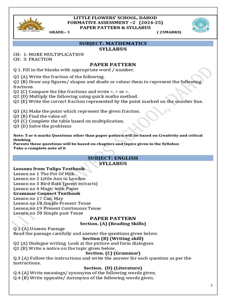 Fa-2 Syllabus and Paperpattern Std-3 | PDF | Multiplication