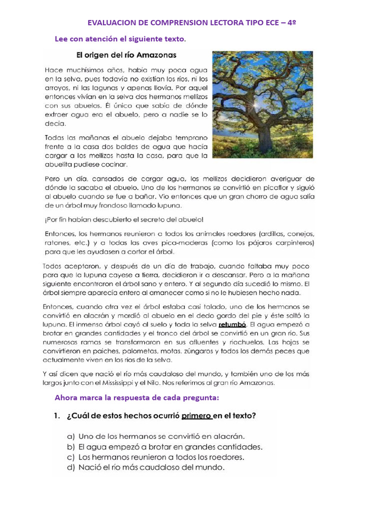 4°A_EVALUACION DE COMPRENSION LECTORA TIPO ECE (1) | PDF
