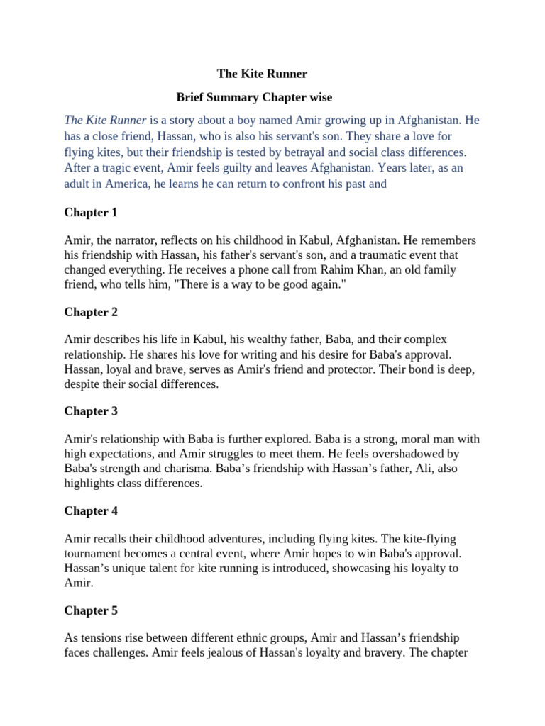 The Kite Runner Chapter Wise Brief Summary | PDF