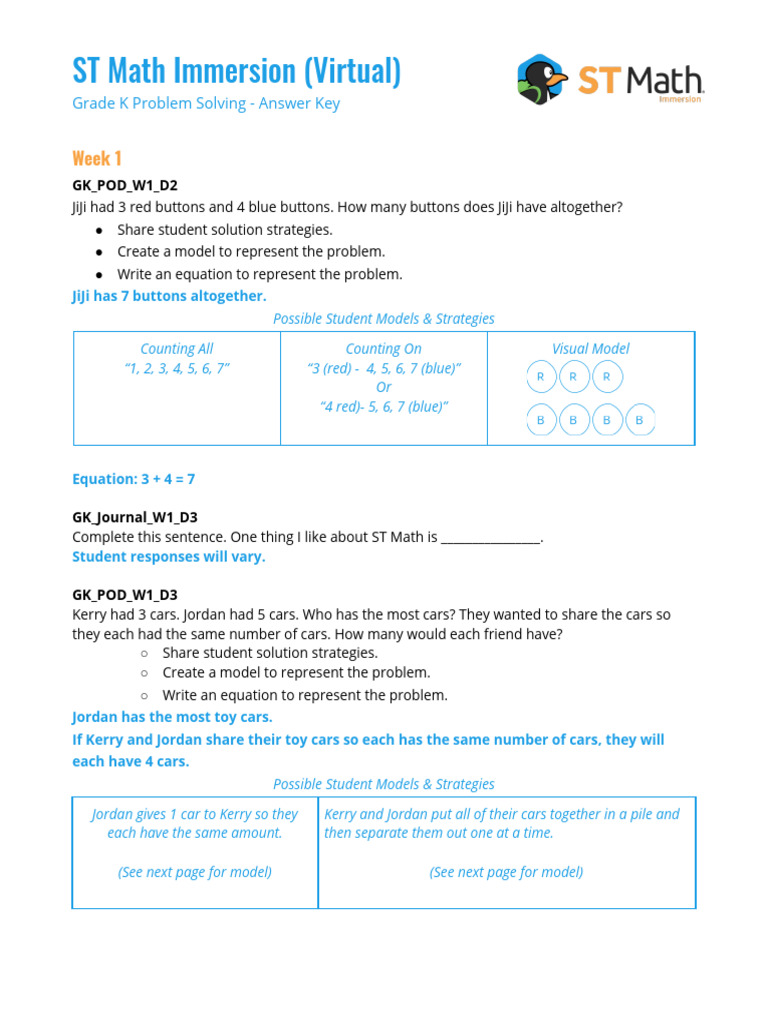 K Problem Solving Answer Key: ST Math | PDF | Mathematics