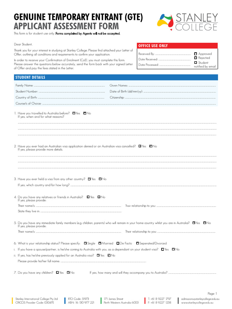 GTE Applicant Assessment Form - Stanley College | PDF | Travel Visa