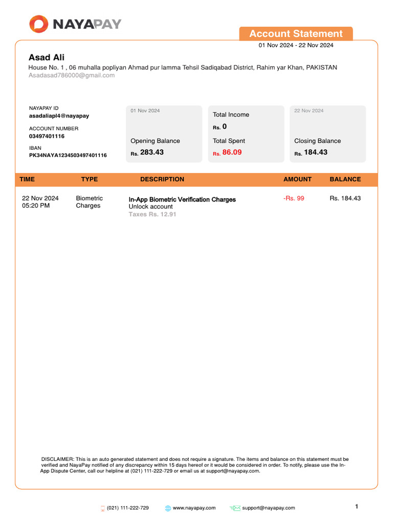 Naya Pay Bank Statement | PDF