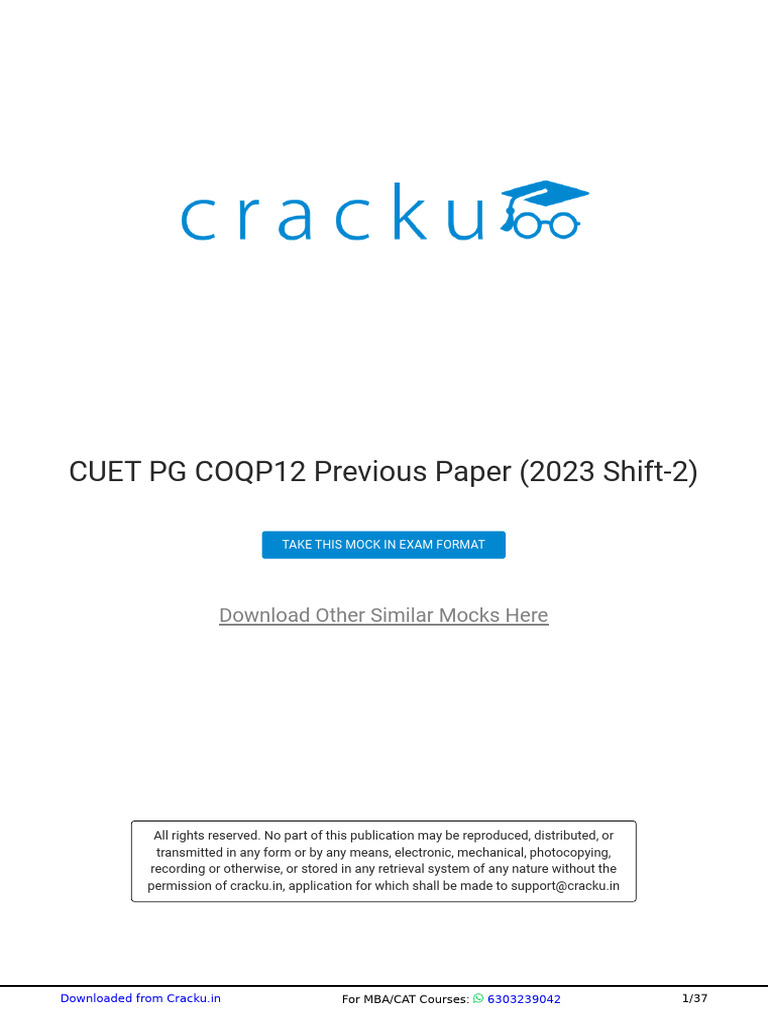 CUET PG COQP12 Shift-2 Paper 2023 | PDF | Stress (Biology) | Cancer