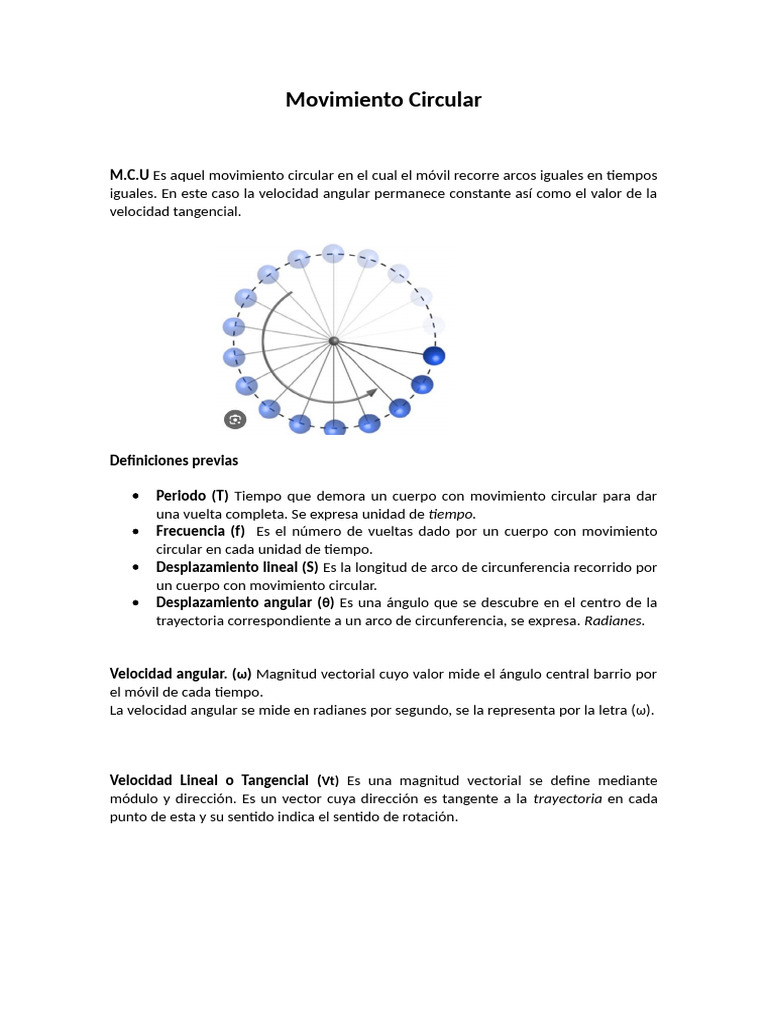 Movimiento Circular Uniforme: Conceptos y Fórmulas | PDF