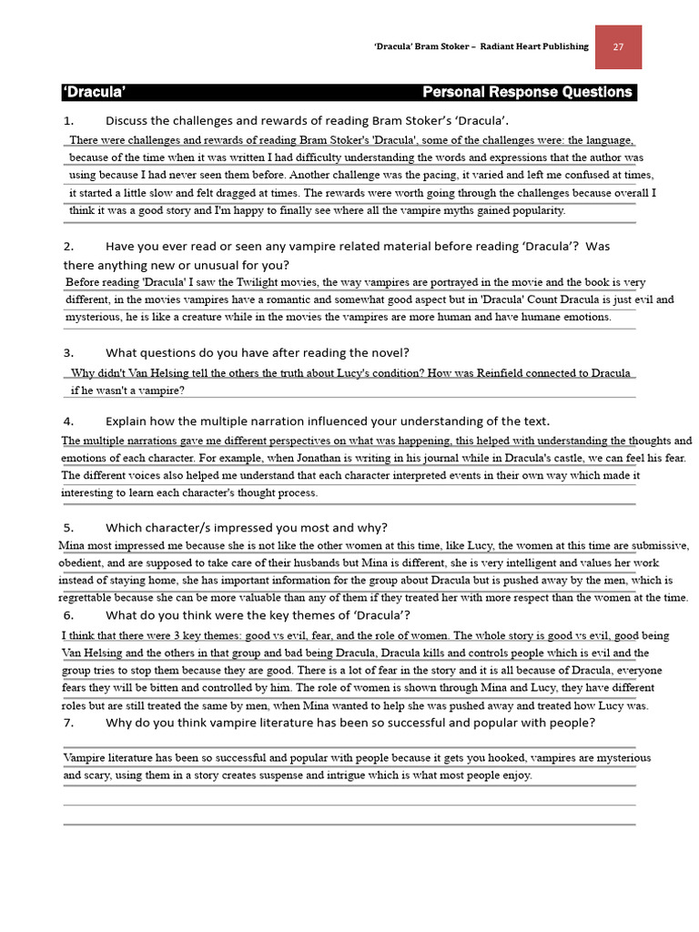Kami Export Personal Response Questions Dracula Grade 12 Secondary ...
