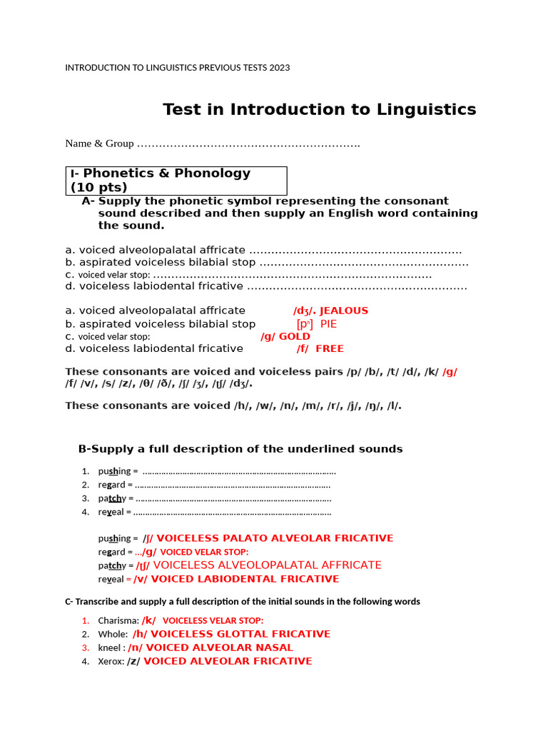 Introduction To Linguistics Previous Tests 2023 Answer Key | PDF ...