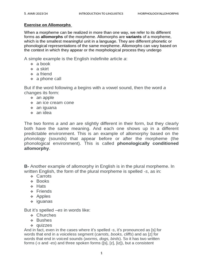 Allomorphs Practice No Key | PDF | Morphology (Linguistics) | Word