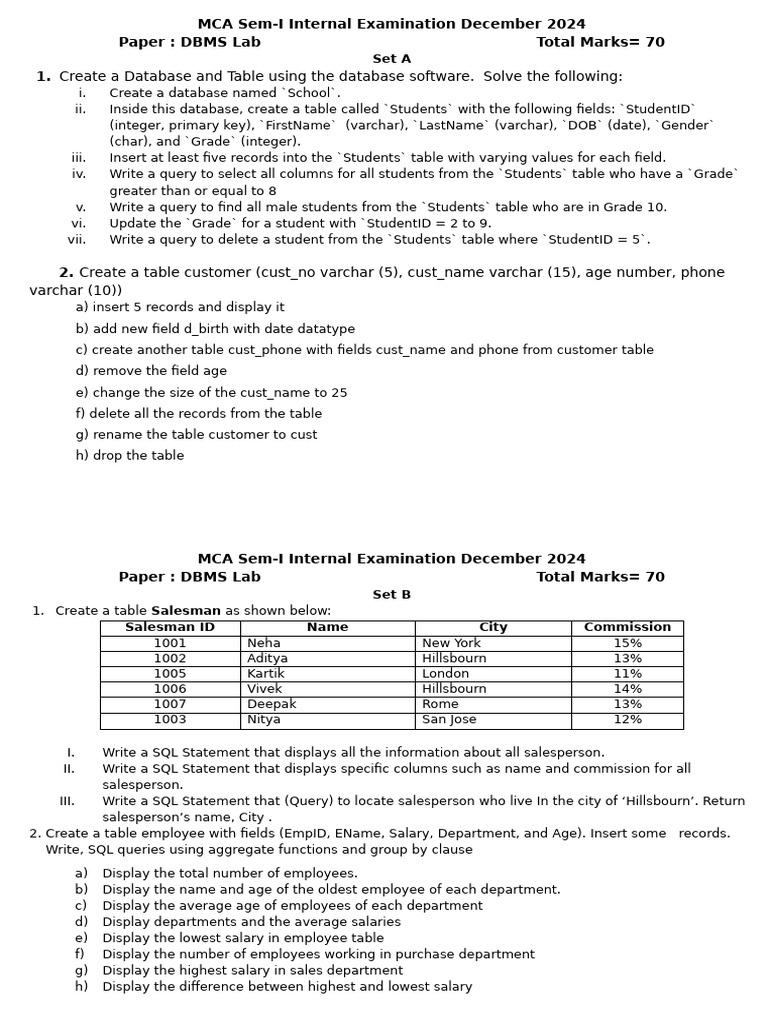 DBMS Lab MCA | PDF | Databases | Table (Database) DBMS Lab MCA | PDF | Databases | Table (Database)