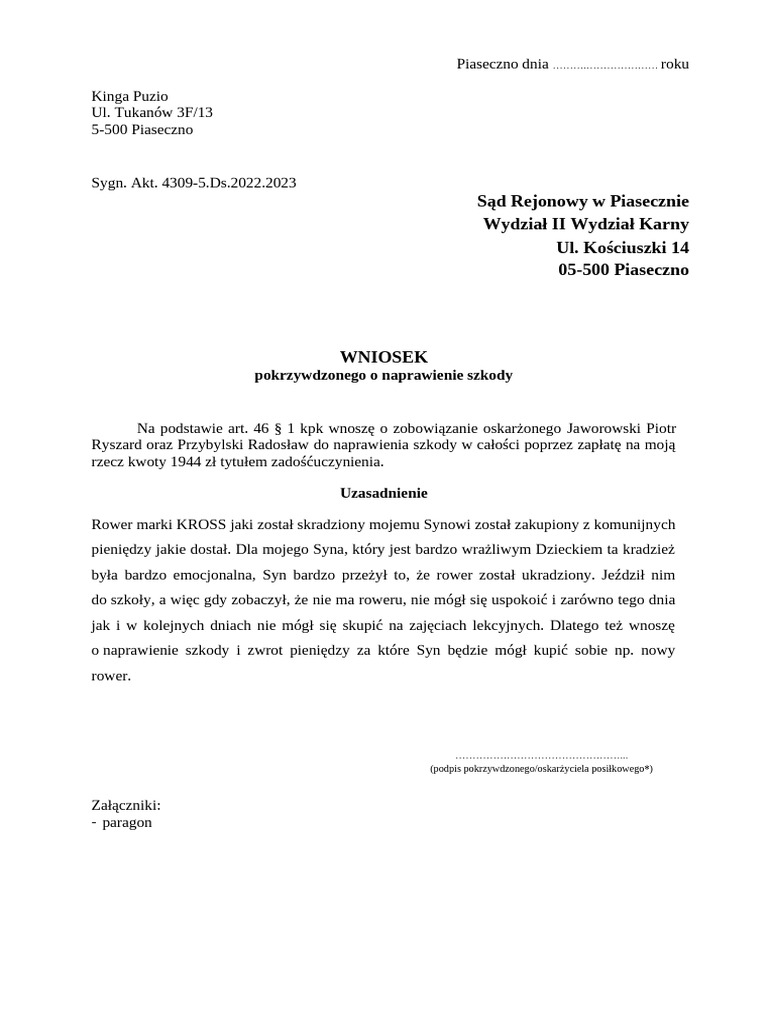 Wniosek o Naprawienie Szkody | PDF