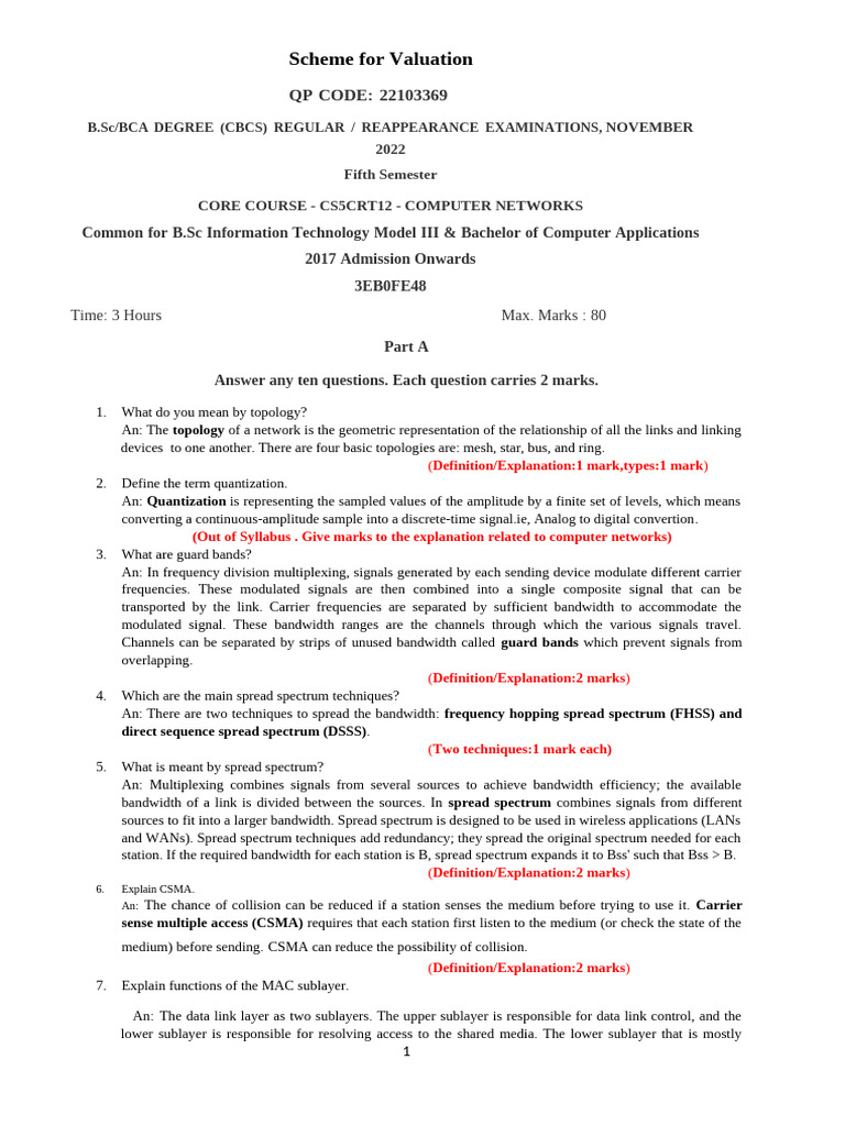 Valuation Scheme for Computer Networks Exam | PDF | Transmission ...