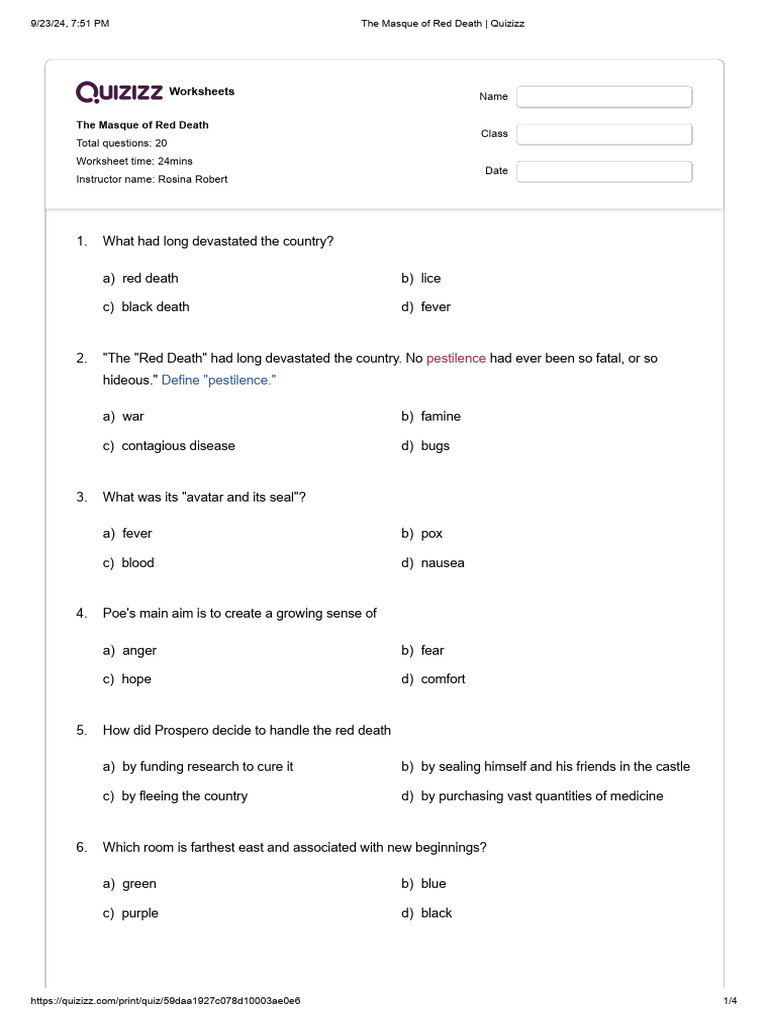 The Masque of Red Death - Quizizz | PDF