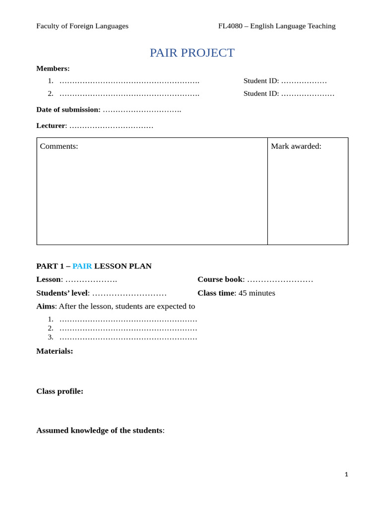 TEMPLATE_Pair Project | PDF | Lesson Plan | Teachers