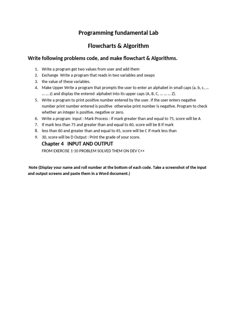 Programming Fundamentals Lab Exercises | PDF