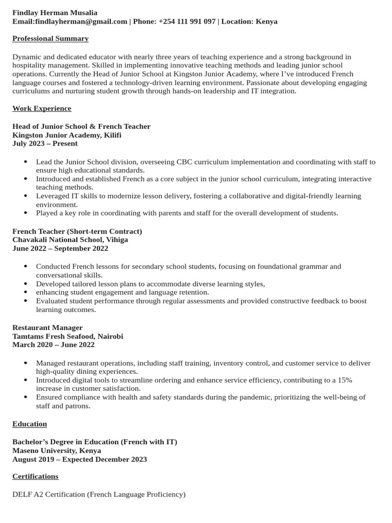 Findlay Main Cv | PDF | Curriculum | Teachers