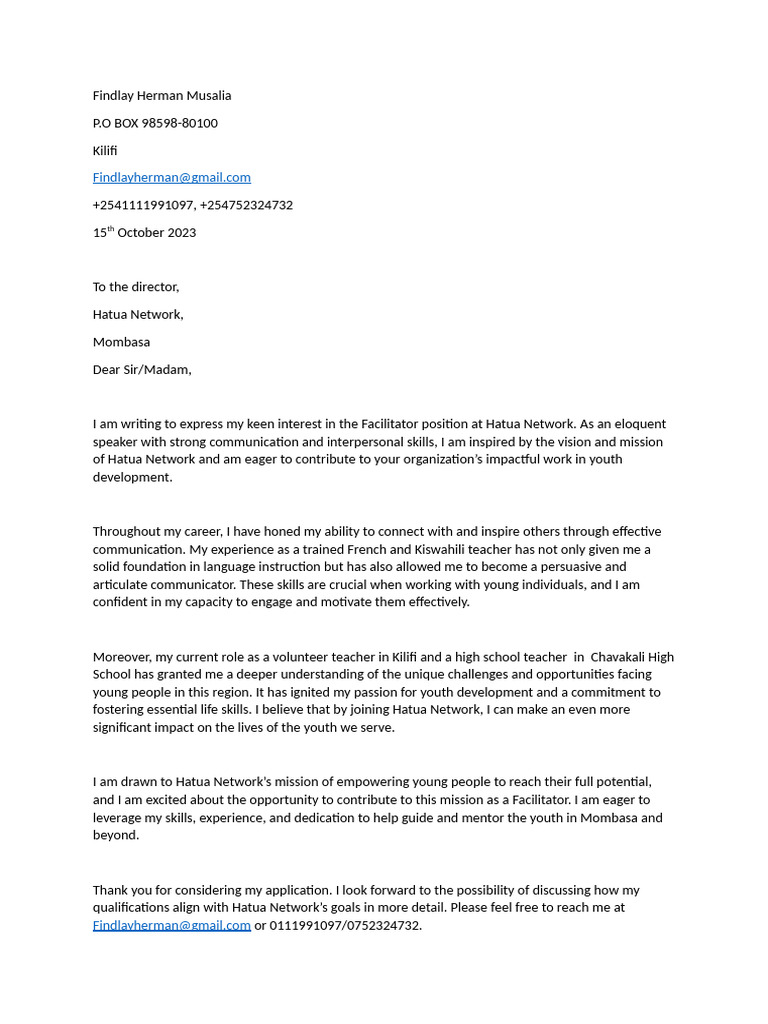 Findlay's Cover Letter and Resume | PDF | Teachers | Mentorship