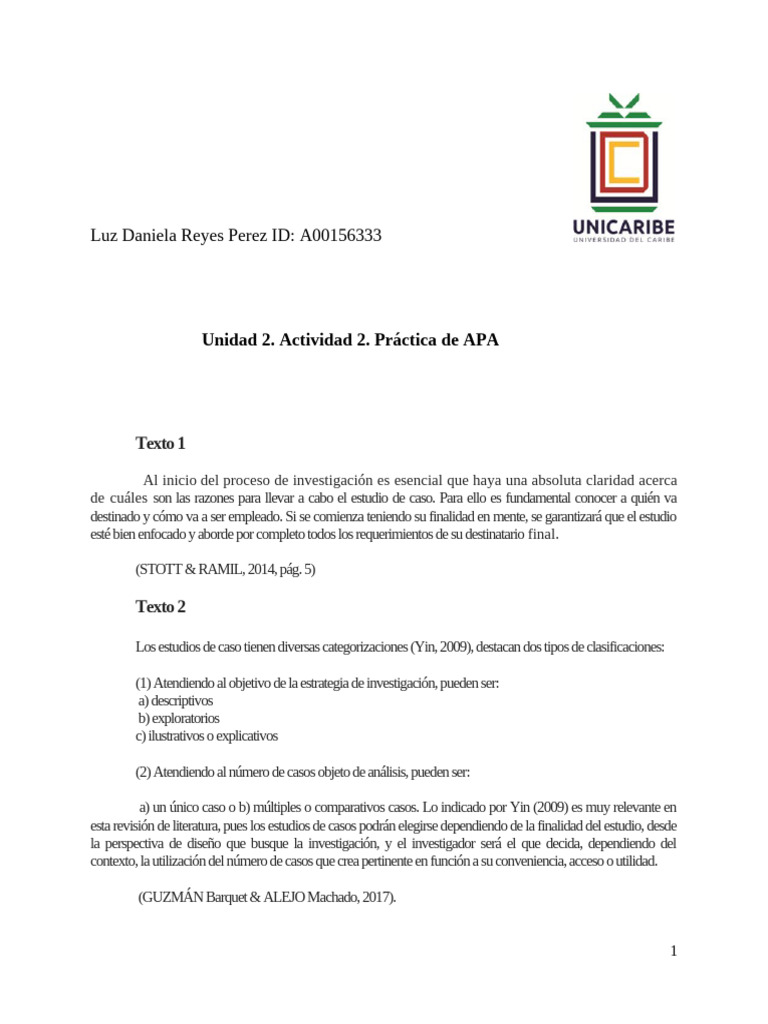 Reyes Perez Luz Daniela Unidad 2. Actividad 2. Práctica de APA | PDF | Caso de estudio | Metodología