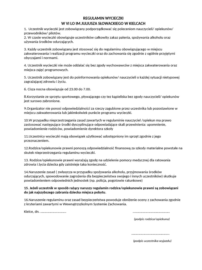 Regulamin Wycieczki | PDF