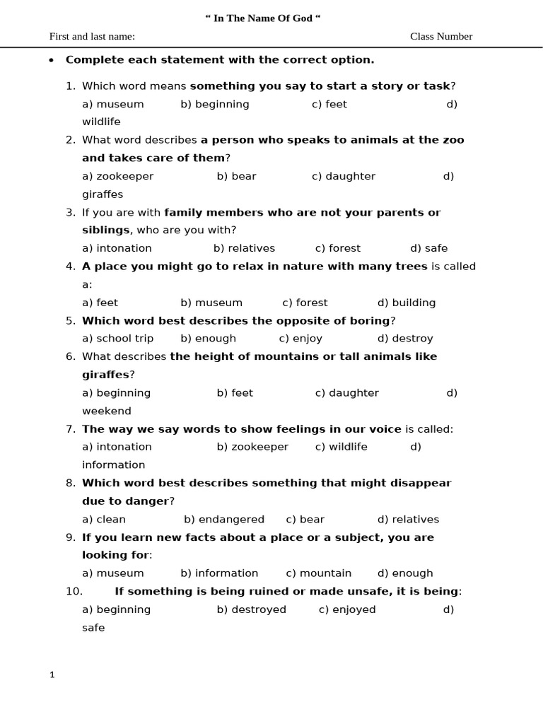 Vocabulary and Grammar Quiz for Kids | PDF