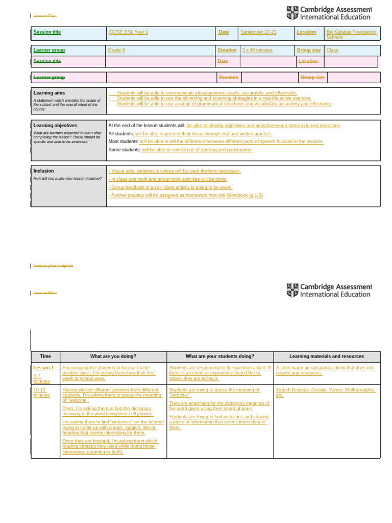 Grade 9 ESL Lesson Plan | PDF | Lesson Plan | Speed Reading