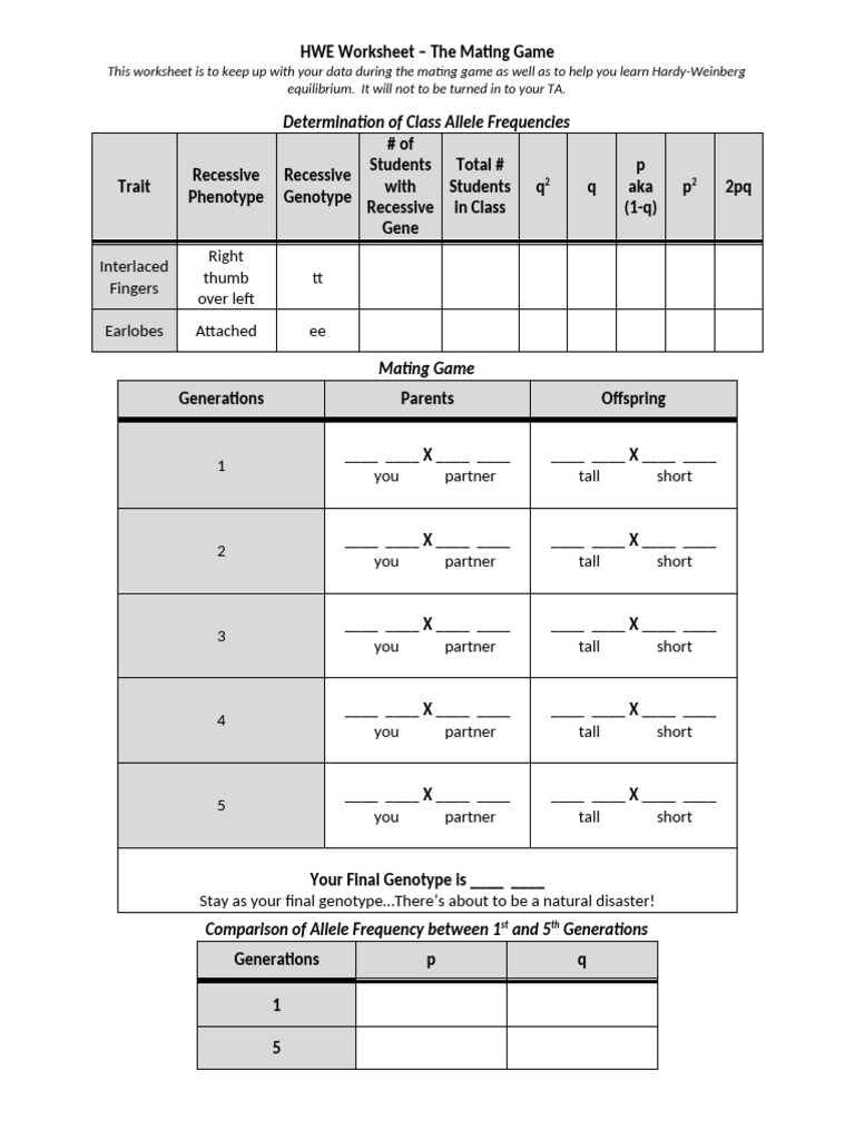 HWE Worksheet - Mating Game | PDF | Dominance (Genetics) | Genotype