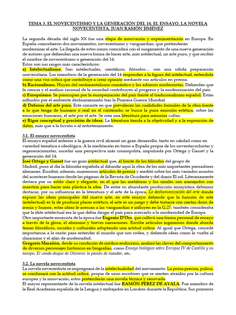 RESUMEN TEMA 3. Novecentismo. Ensayo, novela y Juan Ramón Jiménez. | PDF | Ensayos | Novelas